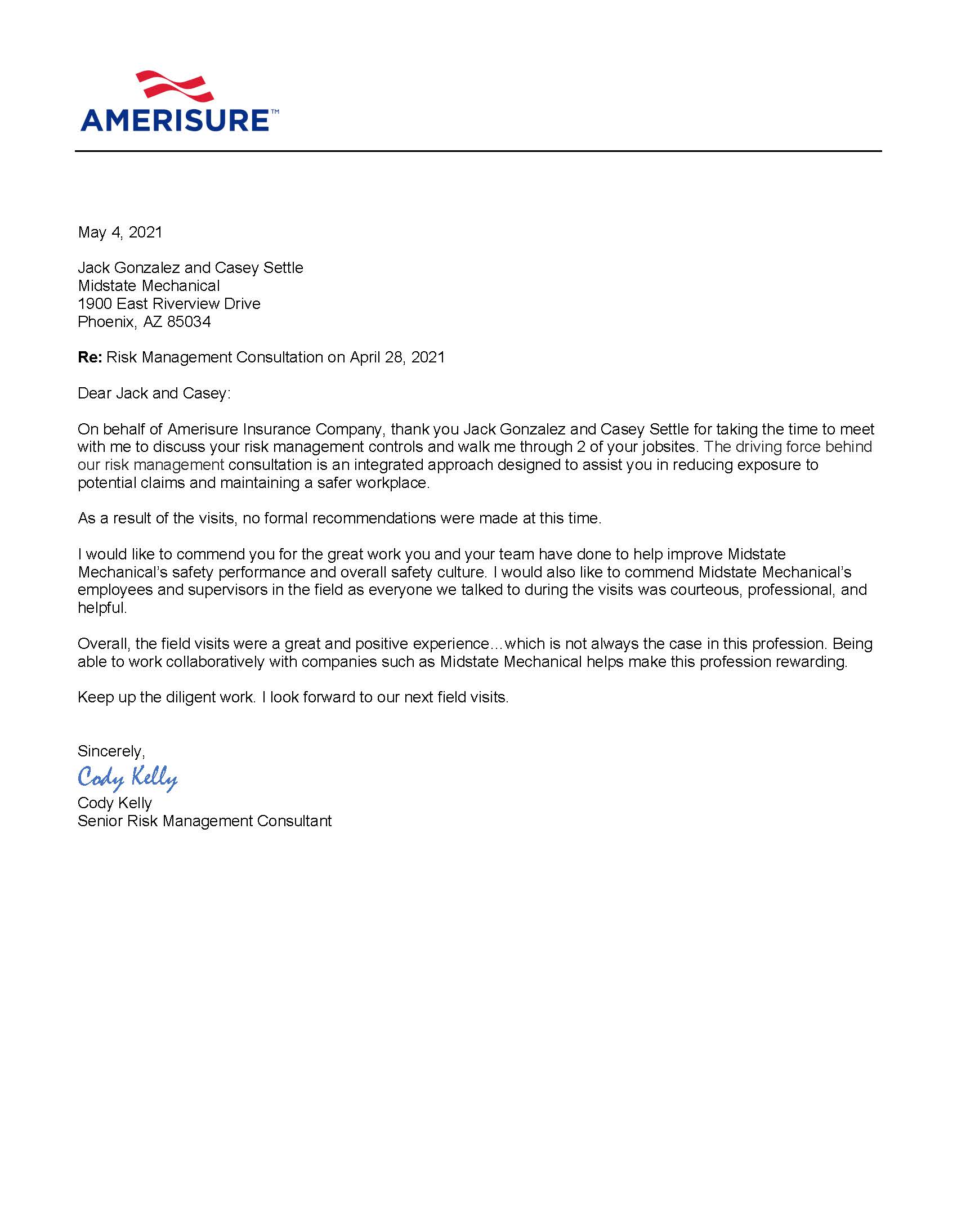 Amerisure Insurance Company Acknowledgment – Midstate Mechanical